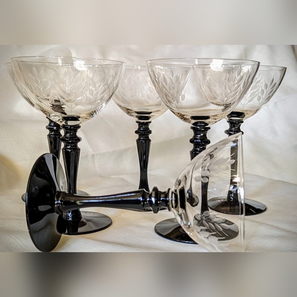 Dining | Vintage Black Stem Cocktail Glasses With Etched Leaf Pattern ...